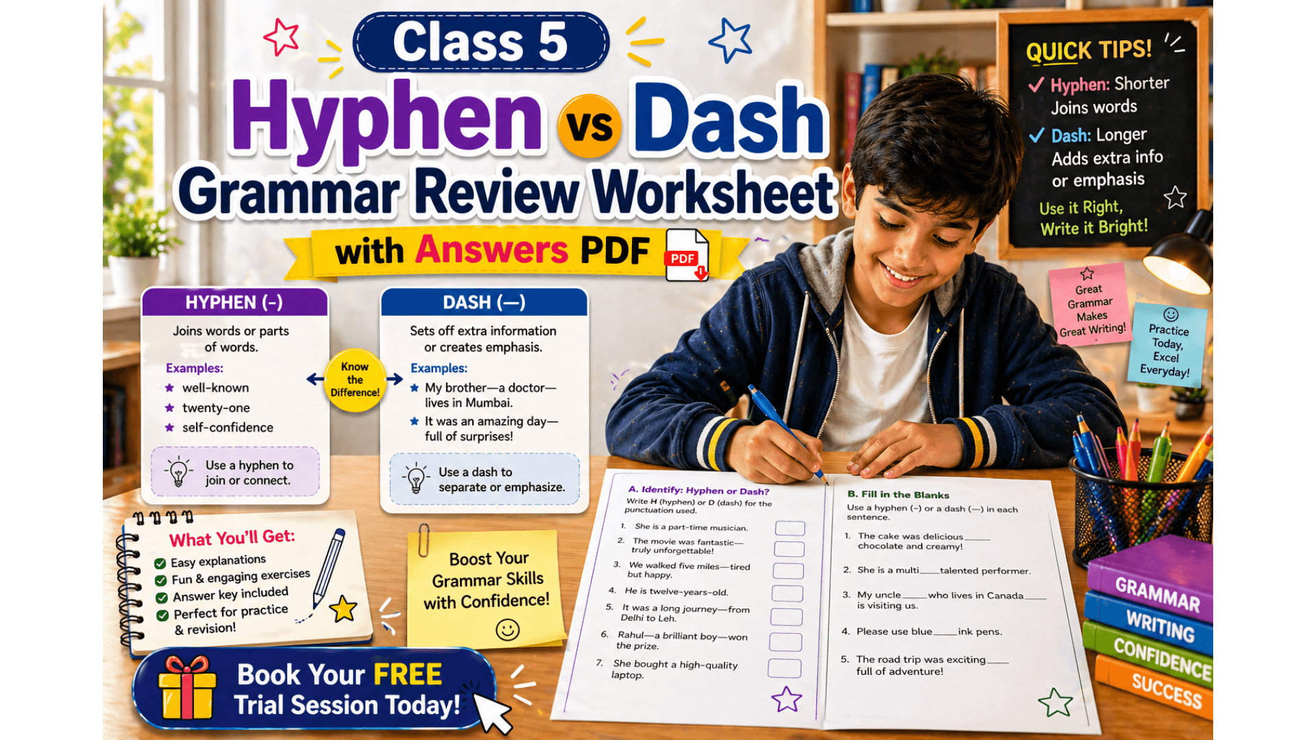 Class 5 Hyphen vs Dash Grammar Review Worksheet [PDF]