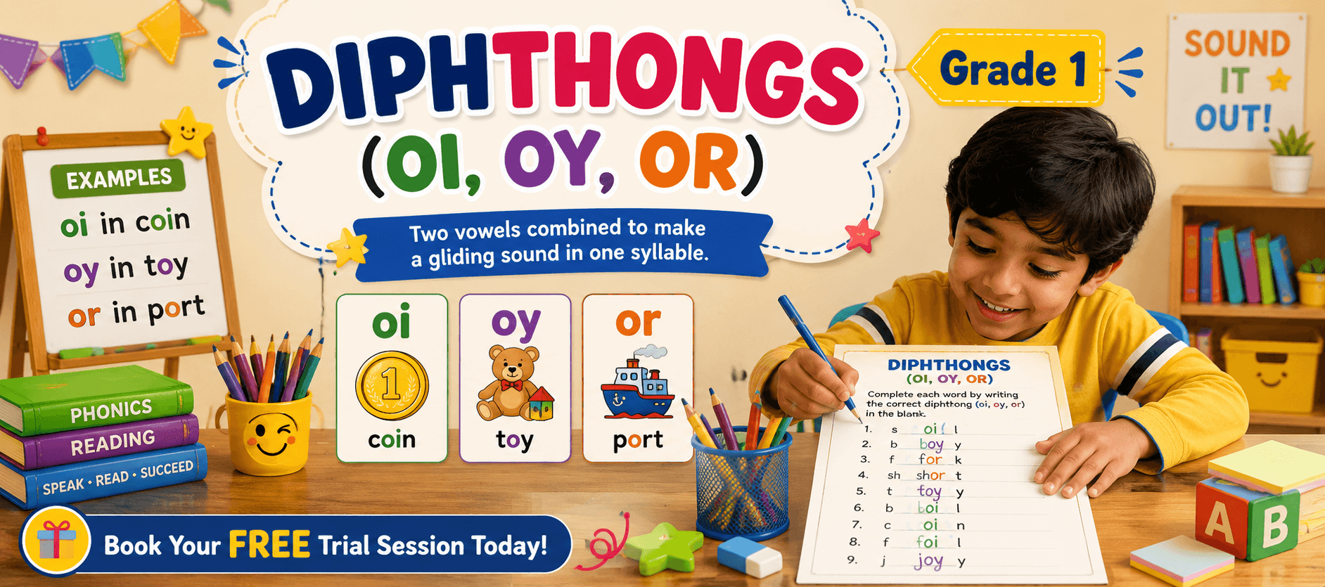 Interactive Diphthongs Worksheet with Answers for Kids