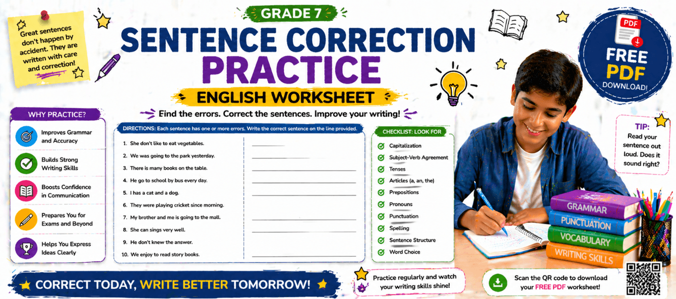 Sentence Correction Practice: Grade 7 English Worksheet [Free PDF]