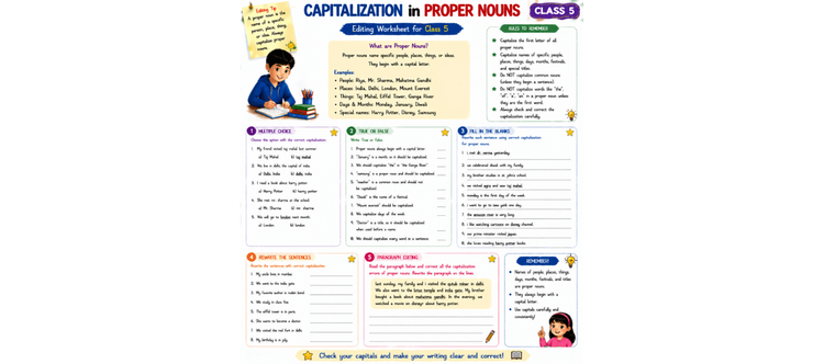 Capitalize Proper Nouns: Class 5 Grammar Editing Worksheet (PDF)