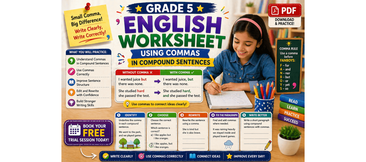 Grade 5 English Worksheet Using Commas in Compound Sentences