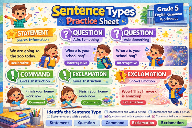Sentence Types Practice Sheet – Declarative, Interrogative & More (G5)