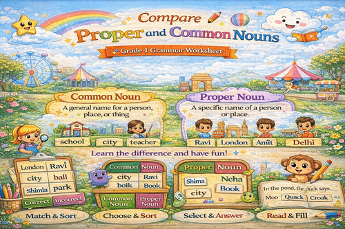Grammar Basics for Grade 1 – Proper vs Common Nouns Sheet